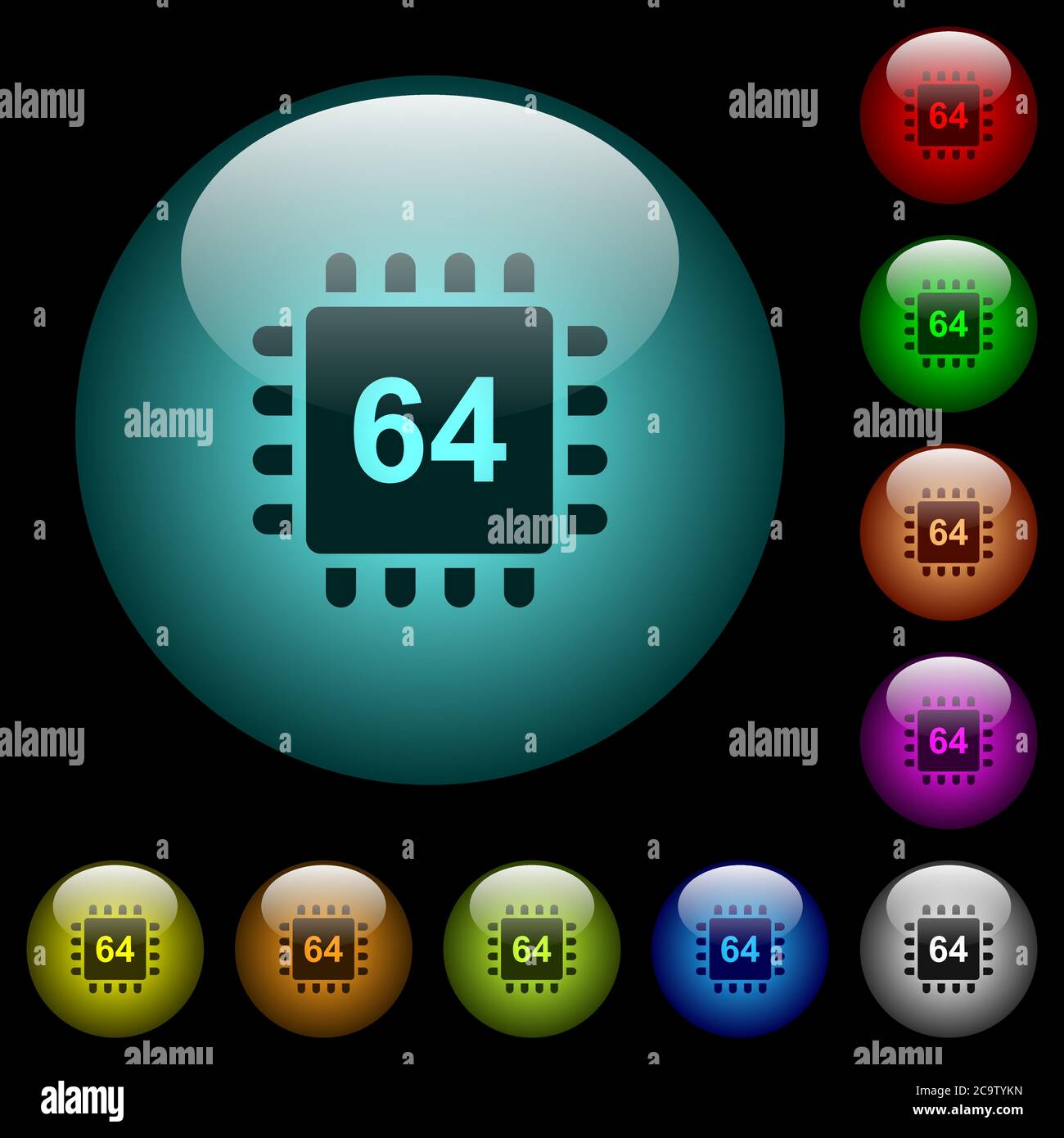 Microprocessor 64 Bit Architecture Icons In Color Illuminated Spherical Glass Buttons On Black