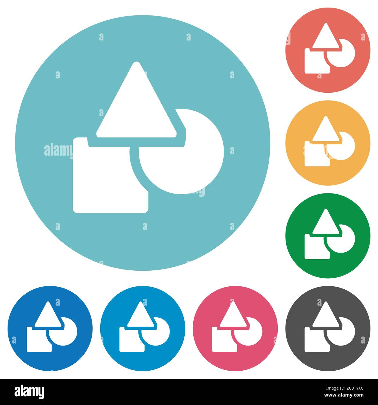 Basic geometric shapes flat white icons on round color backgrounds ...