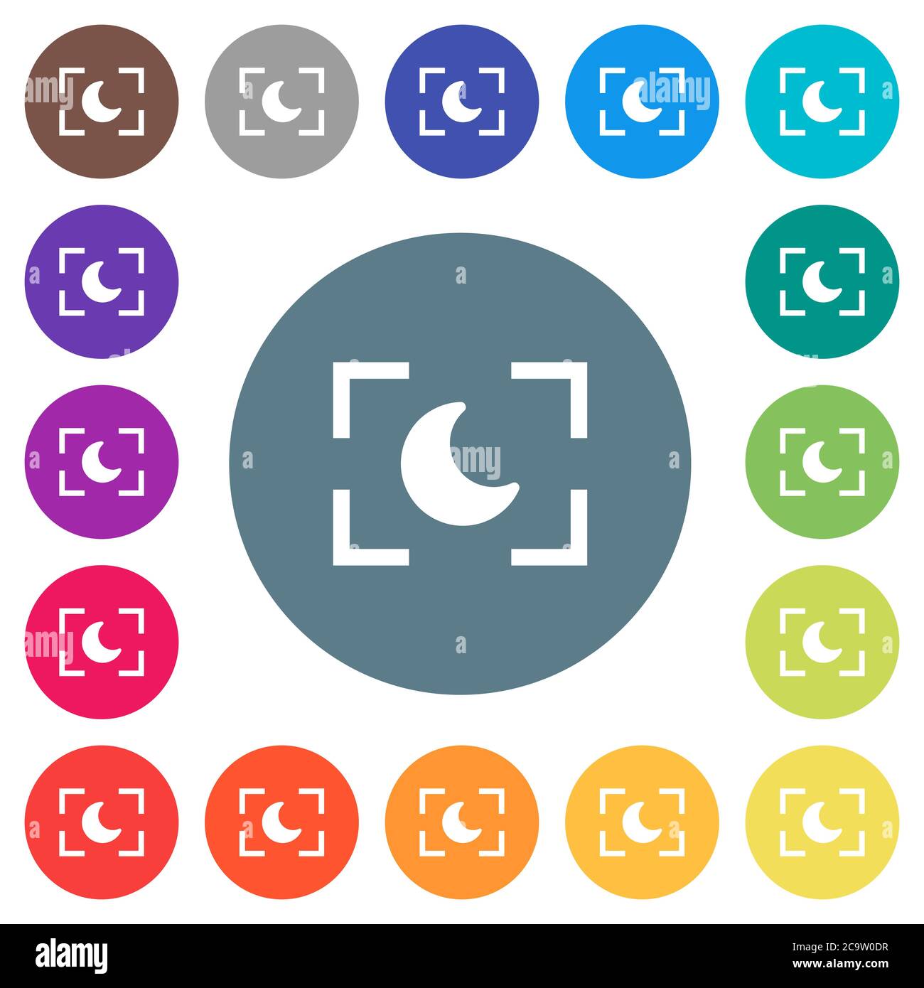 Camera night mode flat white icons on round color backgrounds. 17 ...