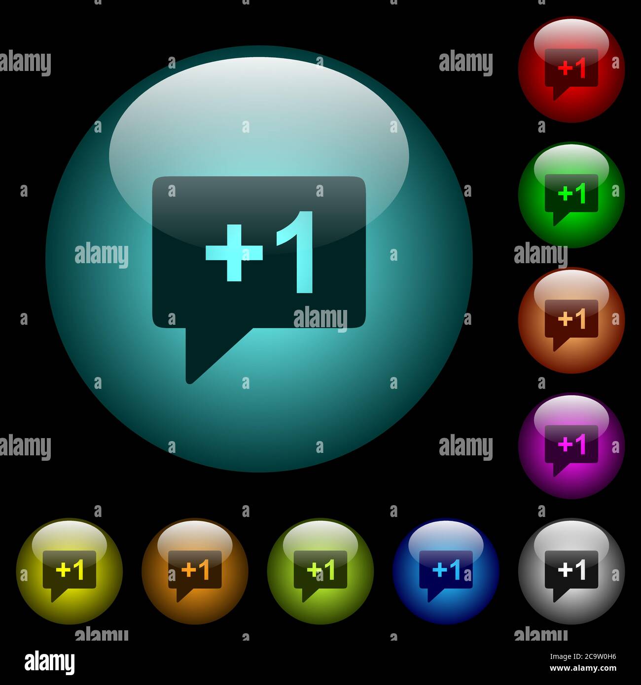 Plus one sign icons in color illuminated spherical glass buttons on ...