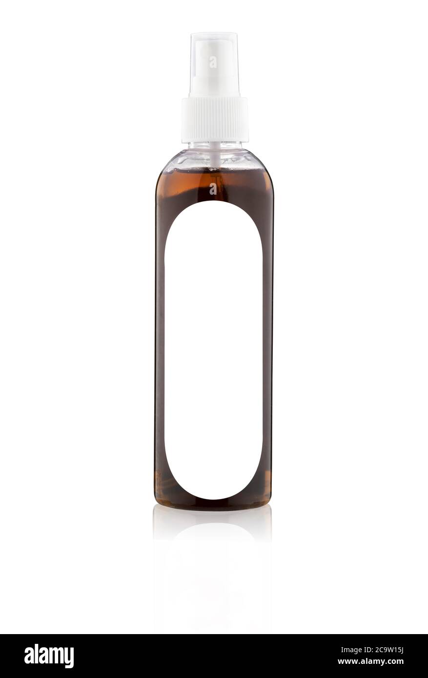Spray bottle with brown liquid without label isolated on white ...