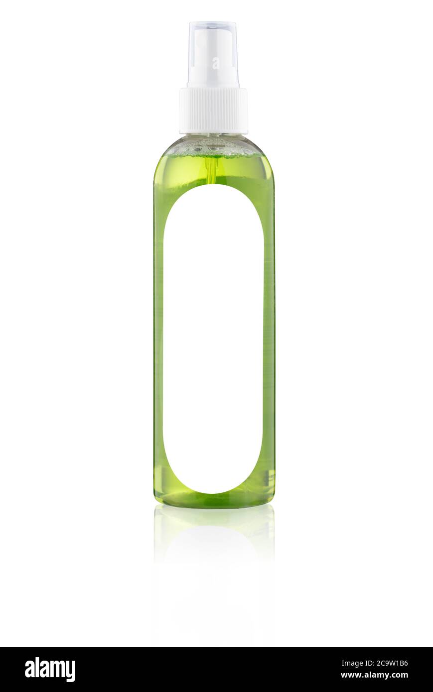 Spray bottlewith green liquid without label isolated on white ...