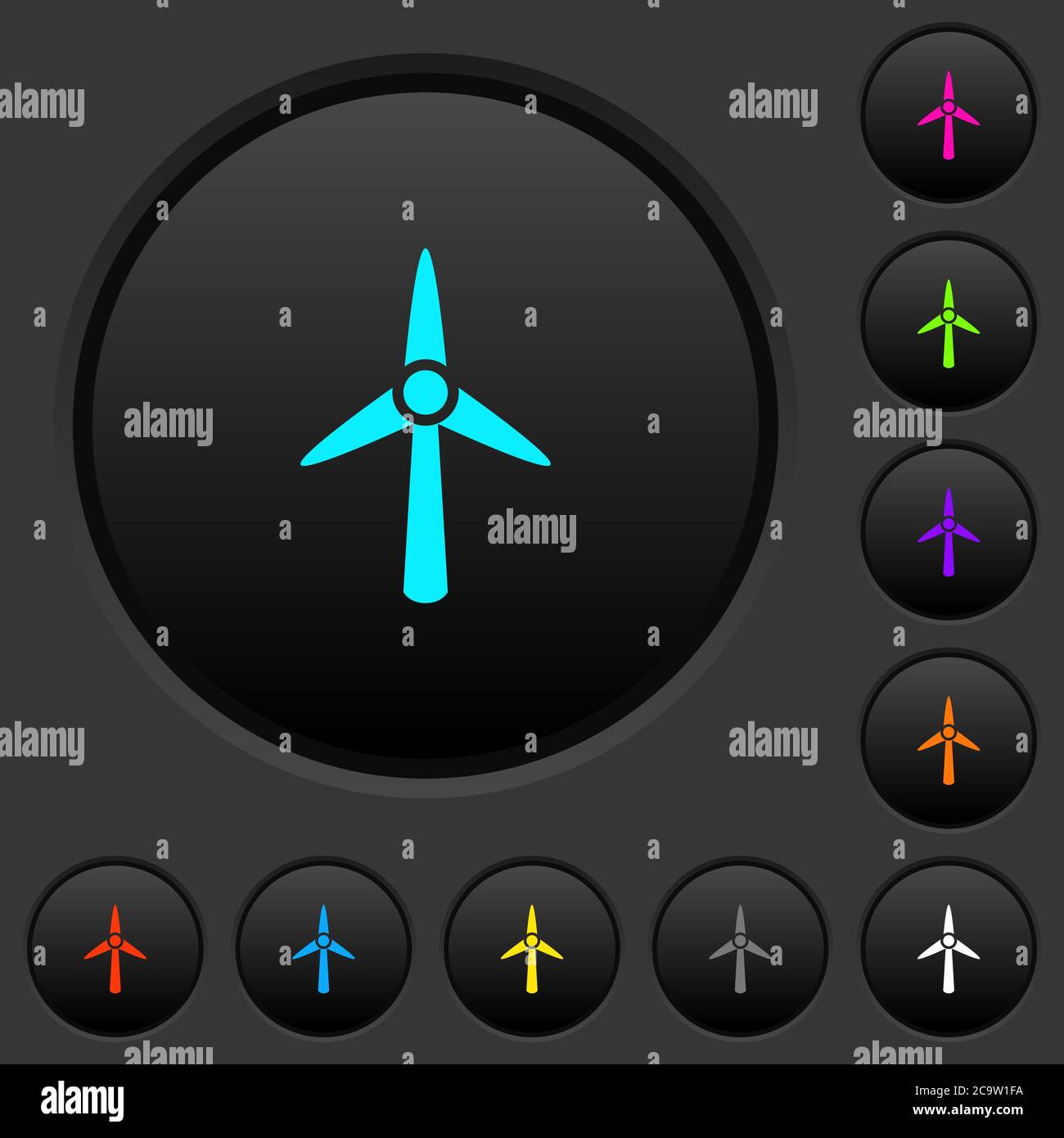 Wind turbine dark push buttons with vivid color icons on dark grey ...