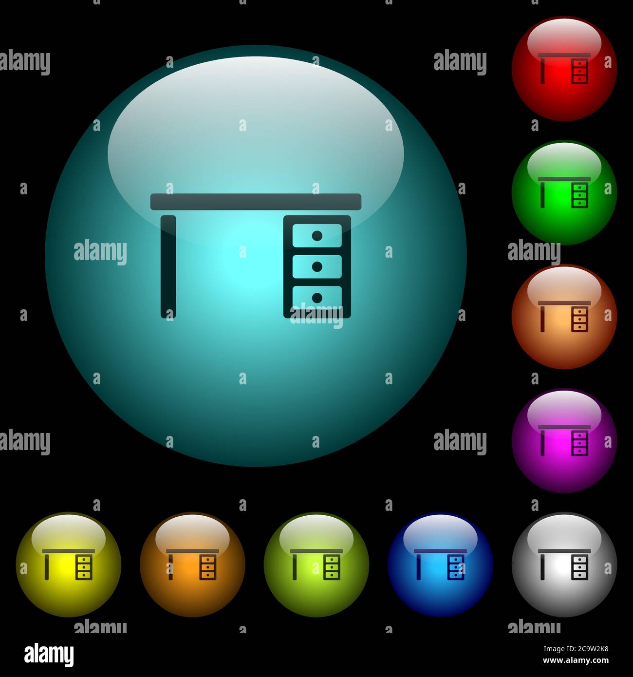Drawer desk icons in color illuminated spherical glass buttons on black ...