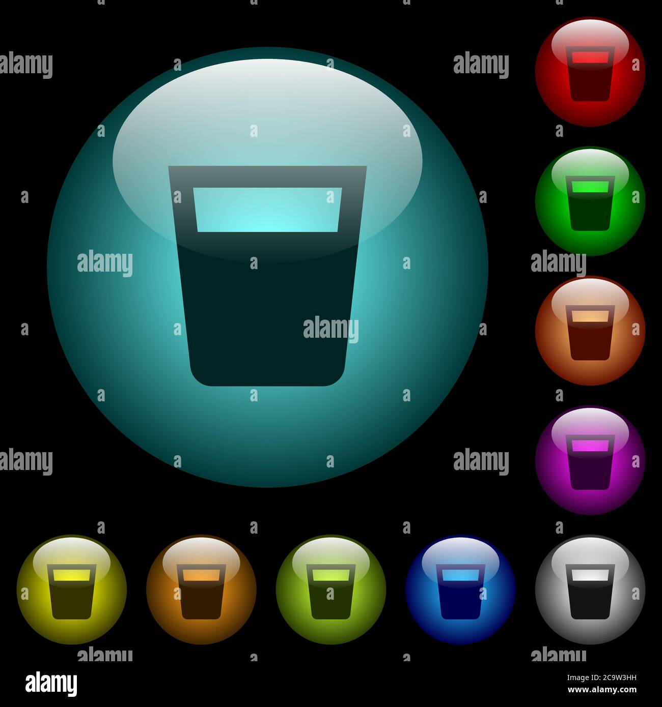 Drink icons in color illuminated spherical glass buttons on black ...