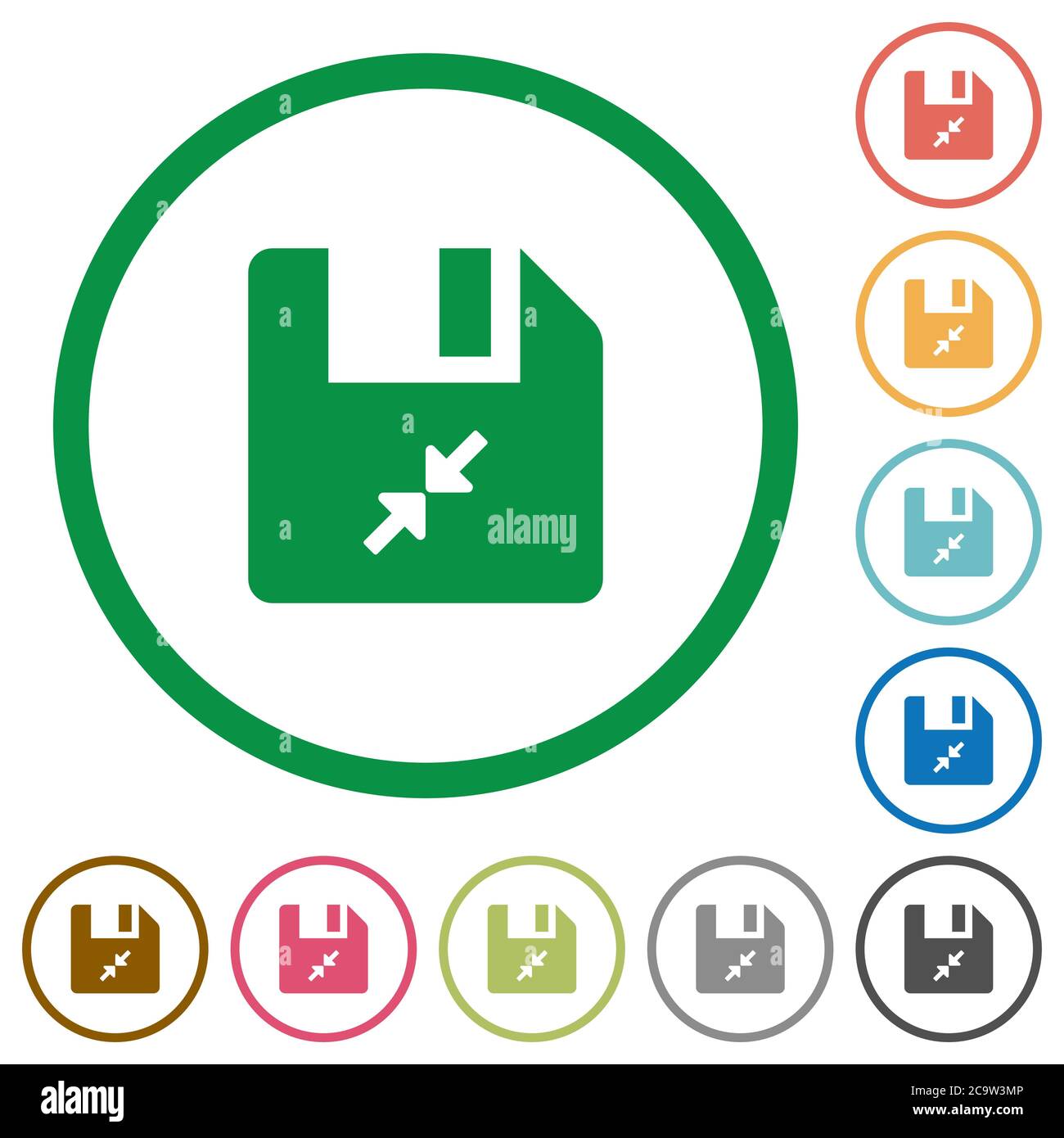 Compress file flat color icons in round outlines on white background ...