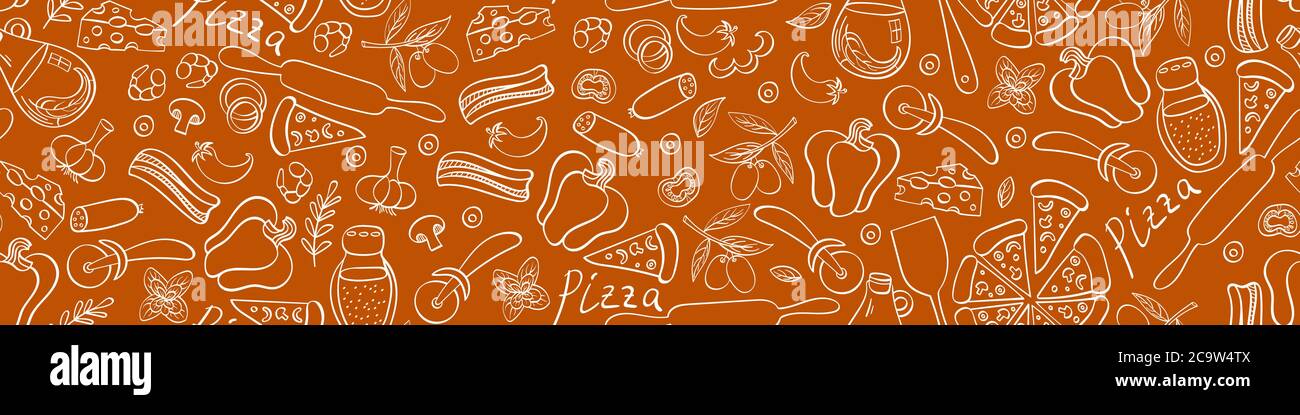 Pizza with ingredients and supplies hand drawn seamless border. Food ...