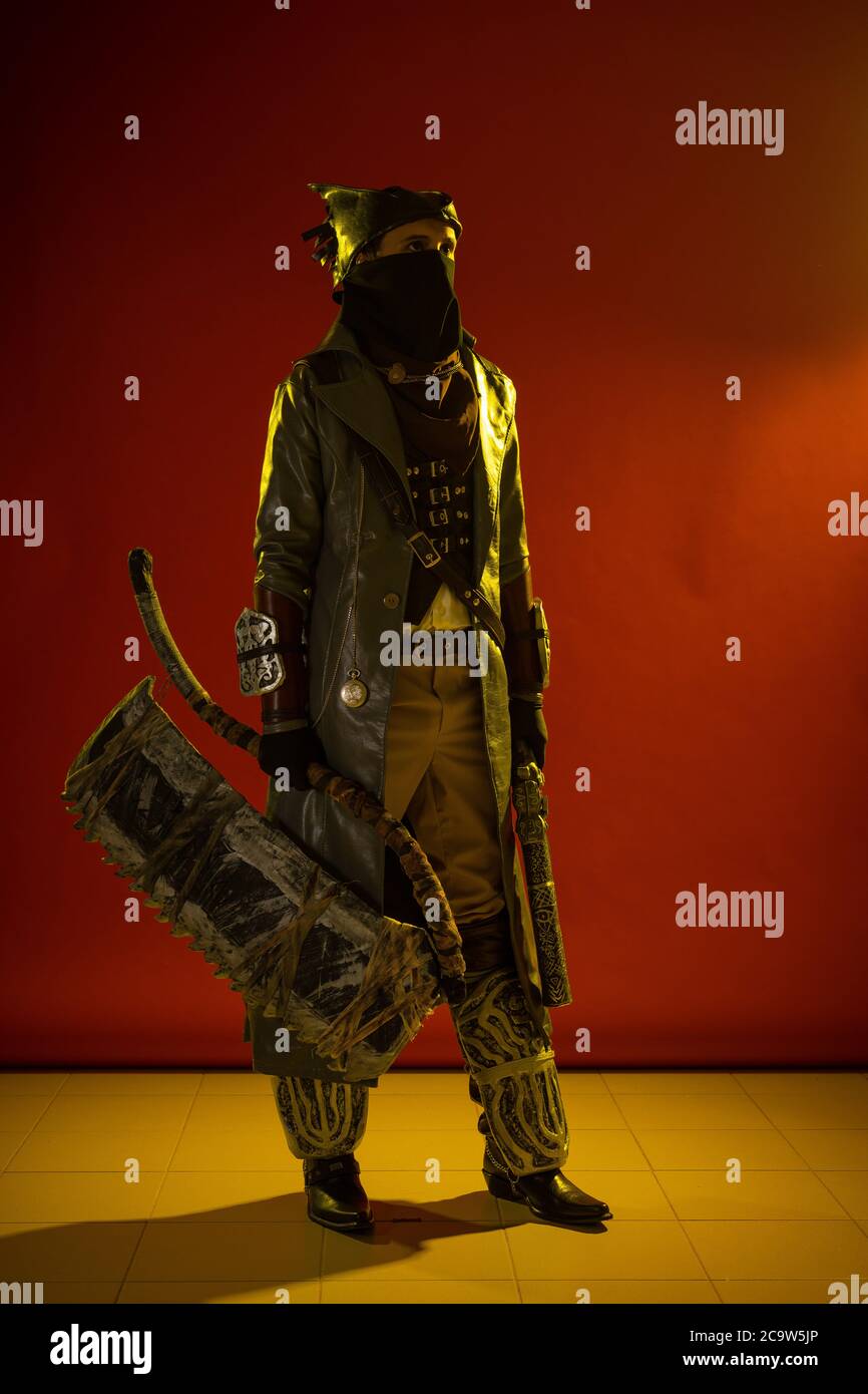 Actor a man in a mask and in costumes of fictional fantasy characters ...