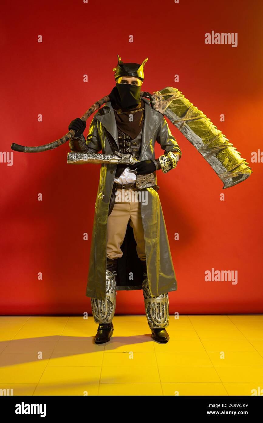 Actor a man in a mask and in costumes of fictional fantasy characters ...