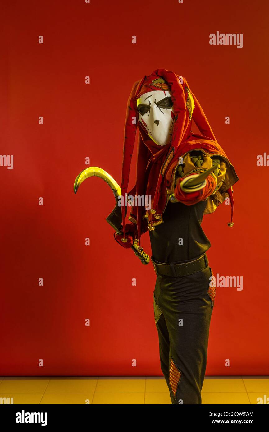 Actor a man in a mask and in costumes of fictional fantasy characters ...