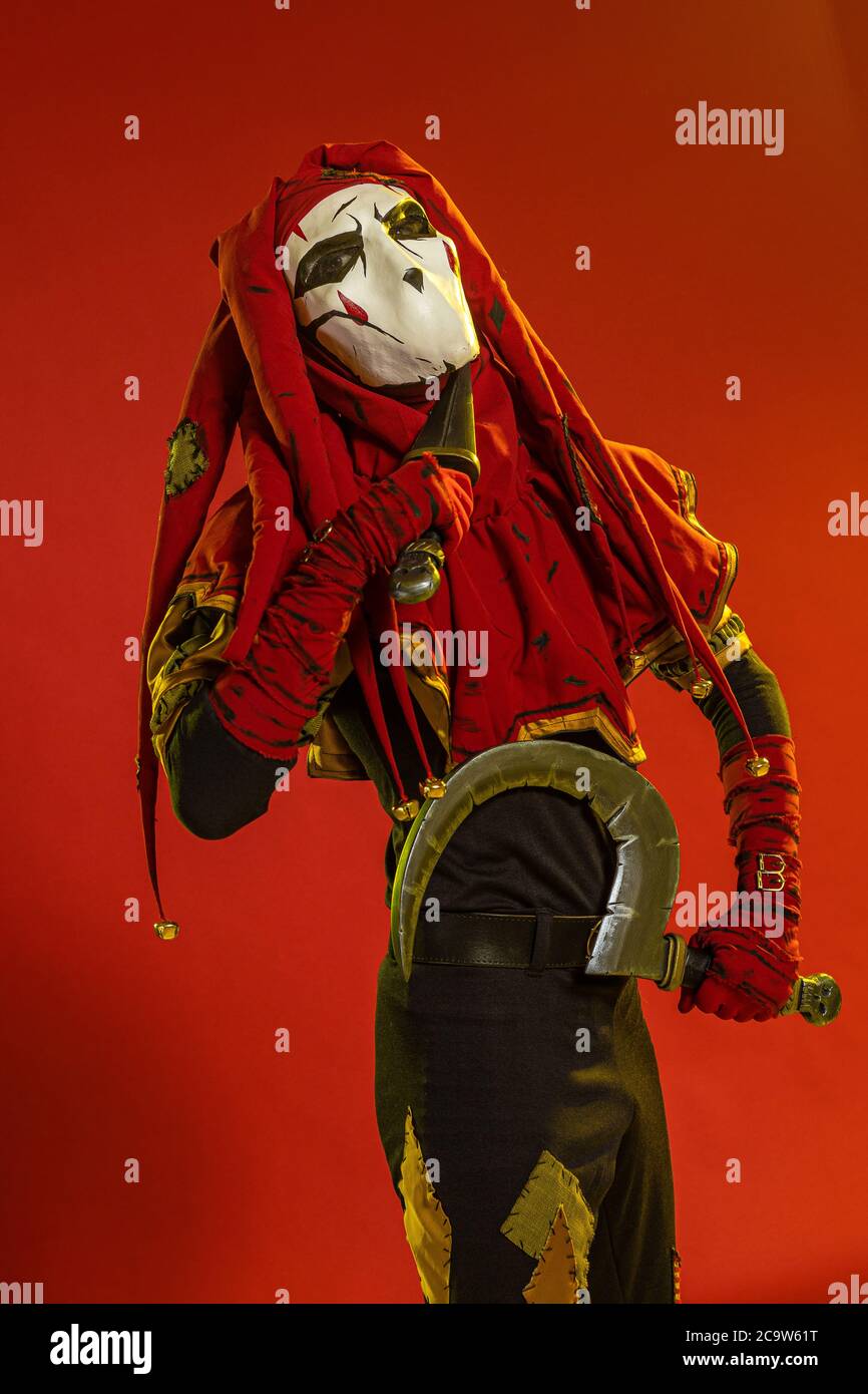 Actor a man in a mask and in costumes of fictional fantasy characters ...