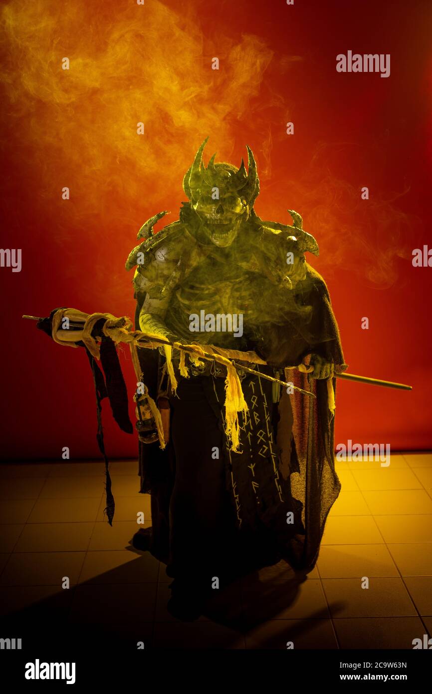 Actor a man in a mask and in costumes of fictional fantasy characters ...