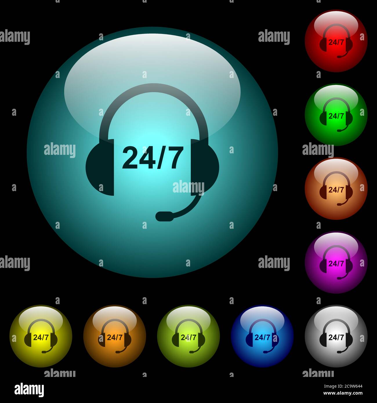 Call center icons in color illuminated spherical glass buttons on black ...
