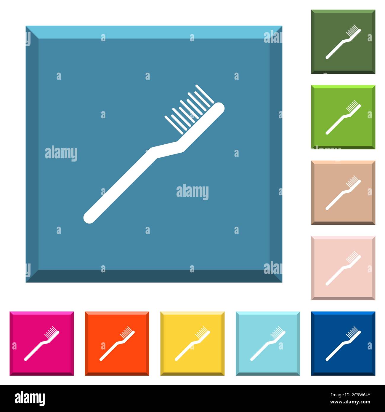 Toothbrush white icons on edged square buttons in various trendy colors ...