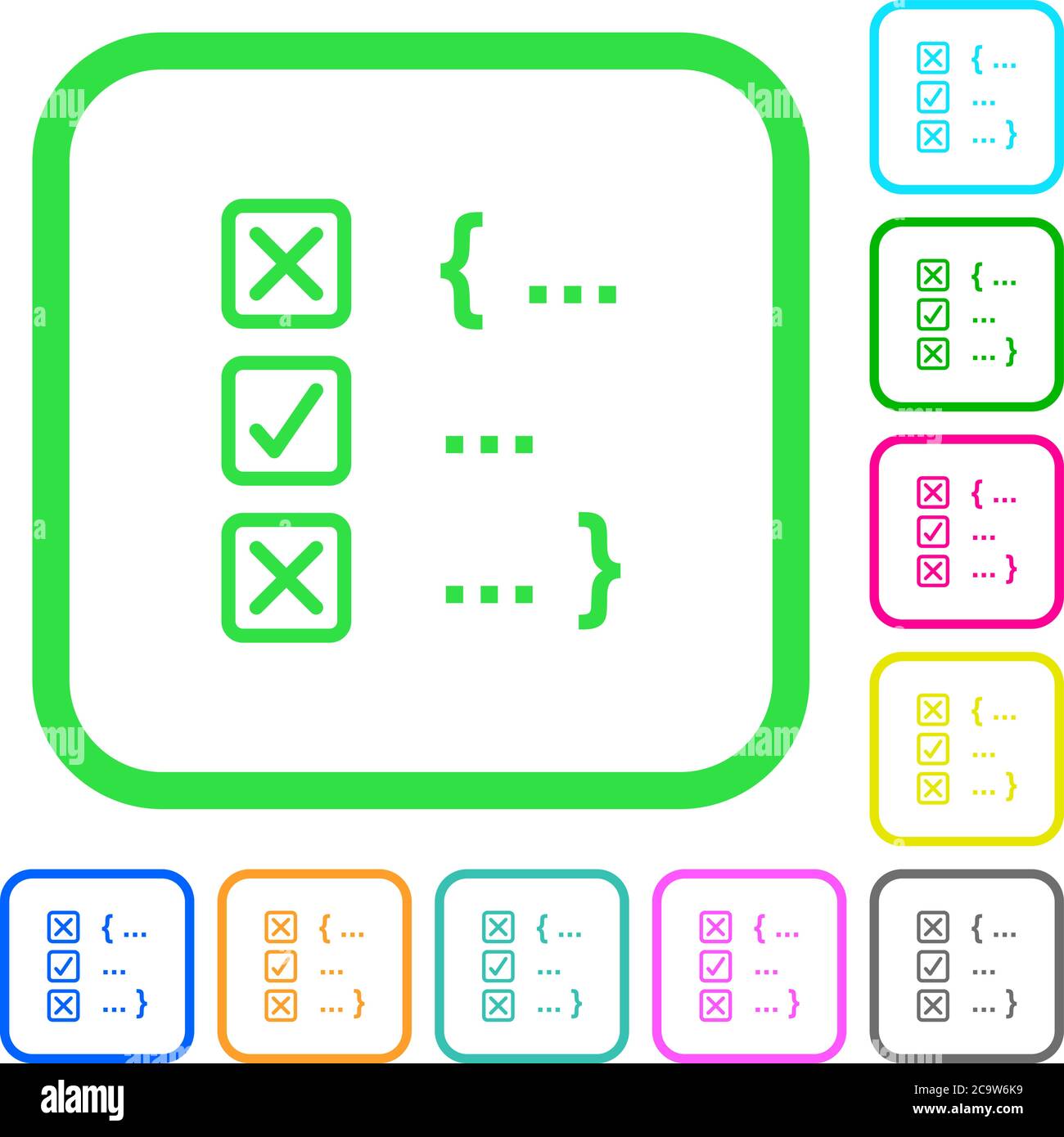 Source code checking vivid colored flat icons in curved borders on white background Stock Vector ...