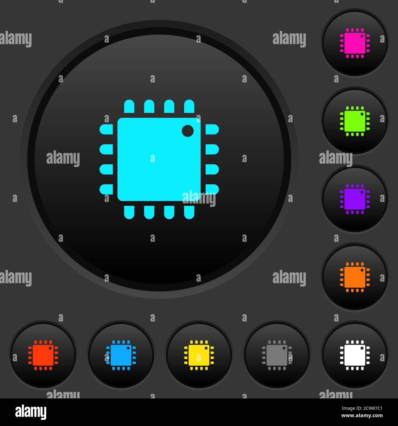 Computer processor dark push buttons with vivid color icons on dark ...