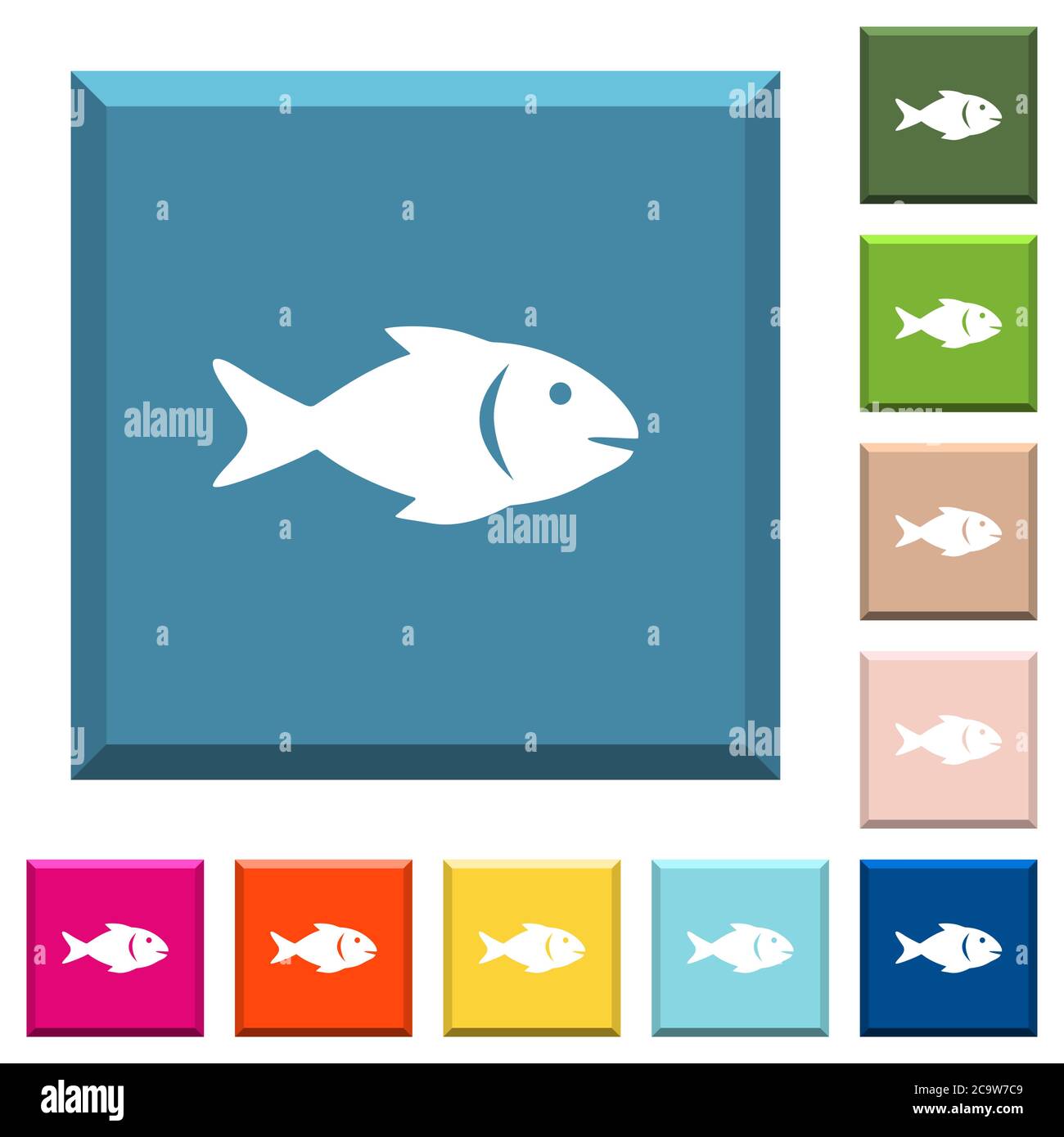 Fish white icons on edged square buttons in various trendy colors Stock ...