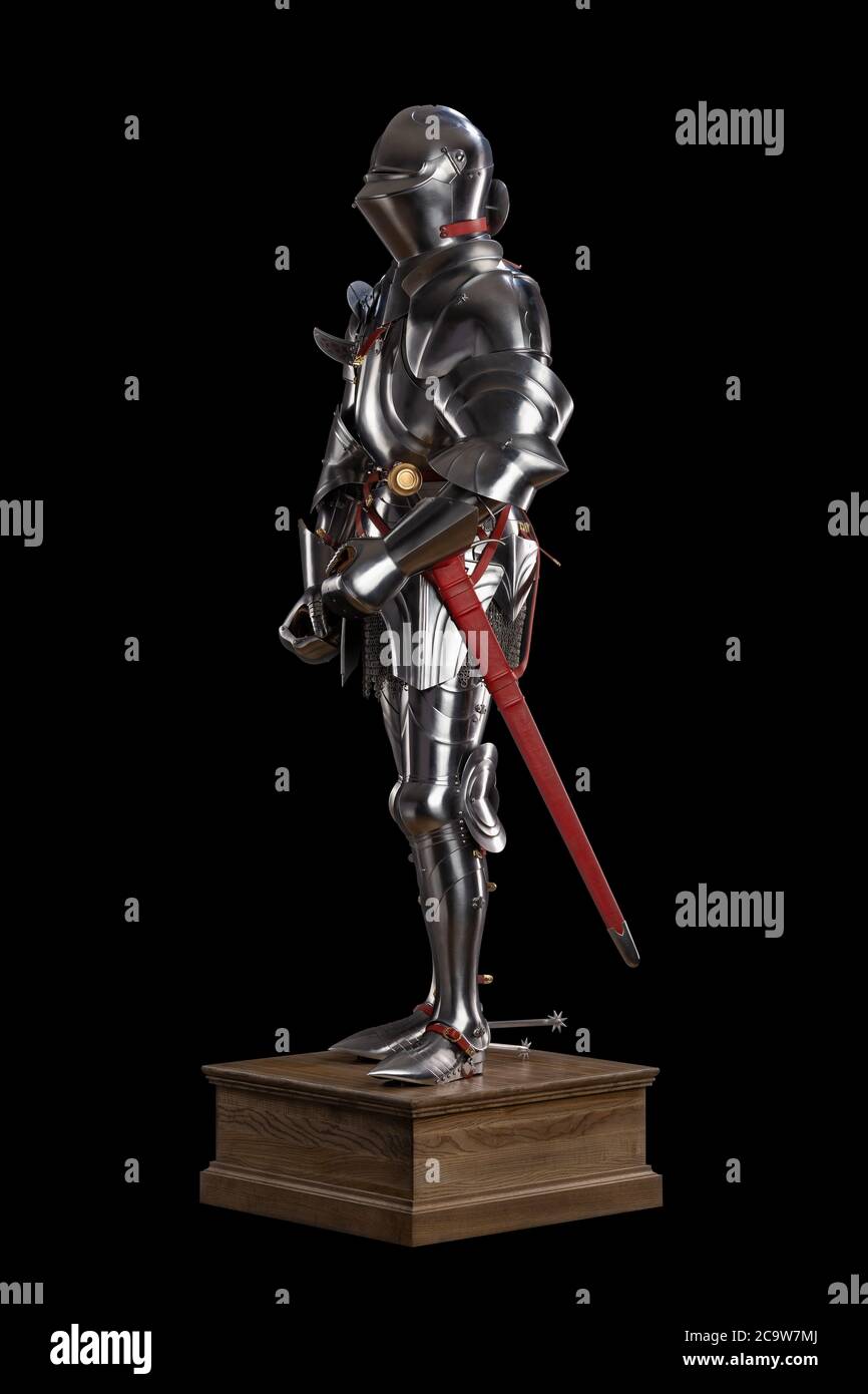 Mannequin man with a beard in a helmet and armor of a knight posing on ...