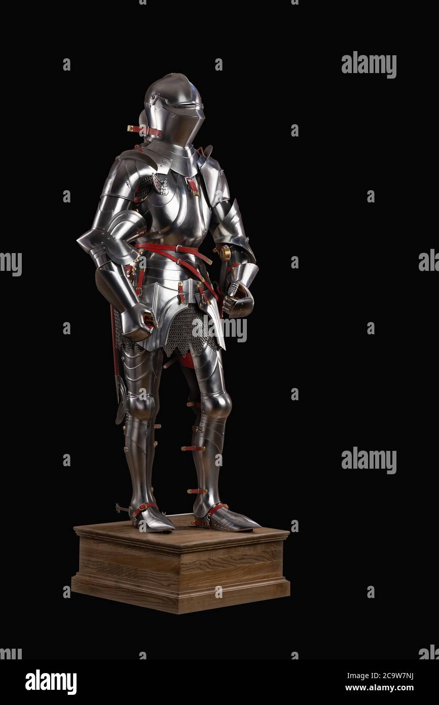 Mannequin man with a beard in a helmet and armor of a knight posing on ...