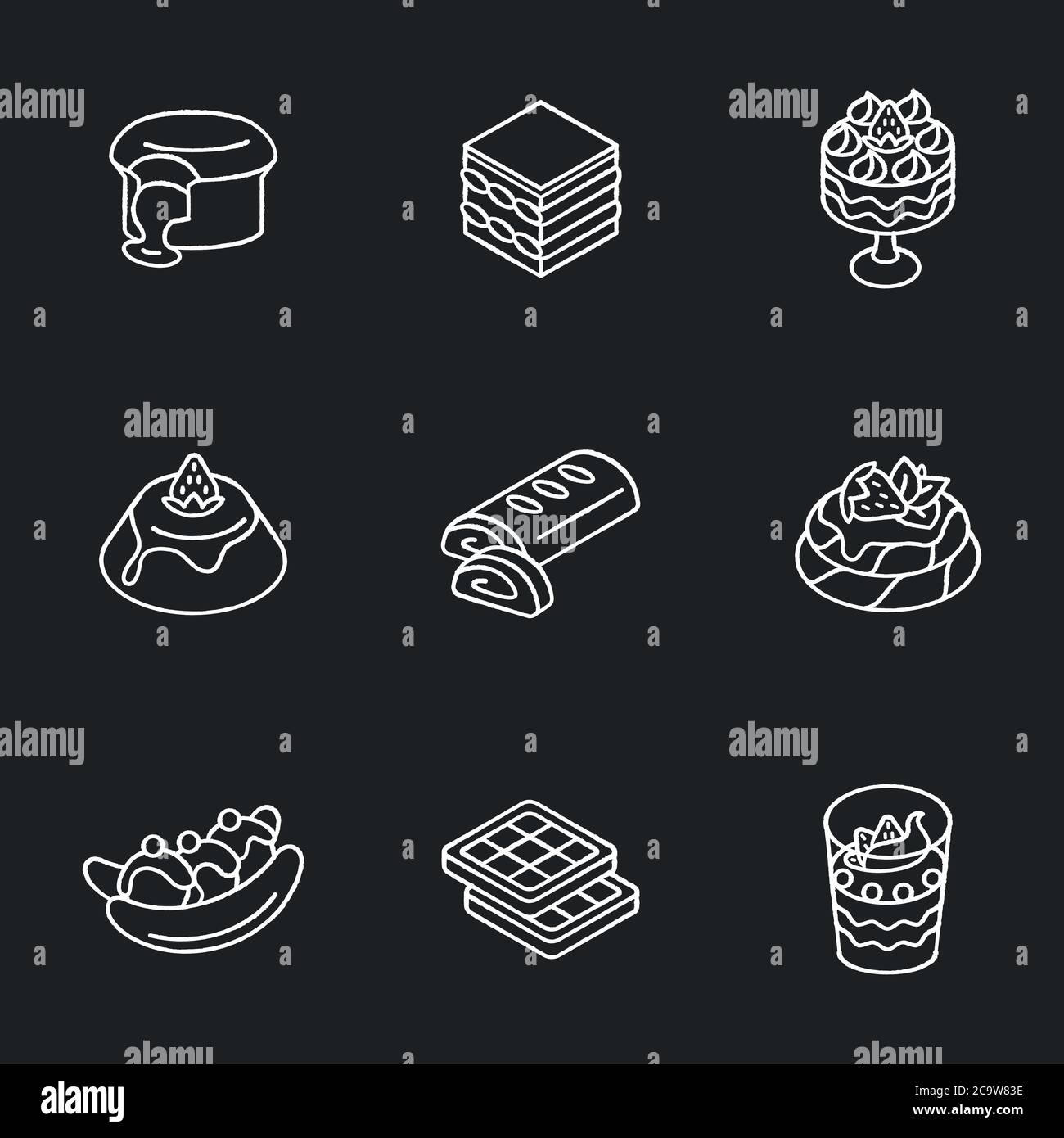 Traditional desserts chalk white icons set on black background ...