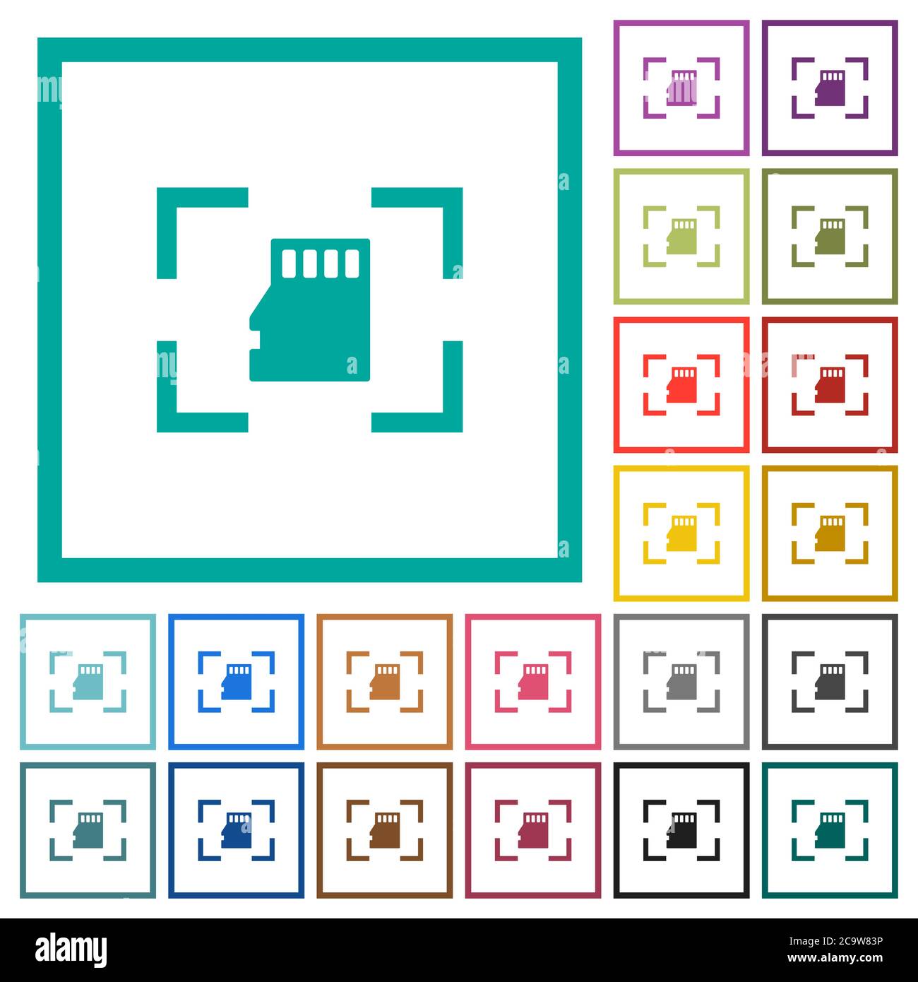 Camera memory card flat color icons with quadrant frames on white ...
