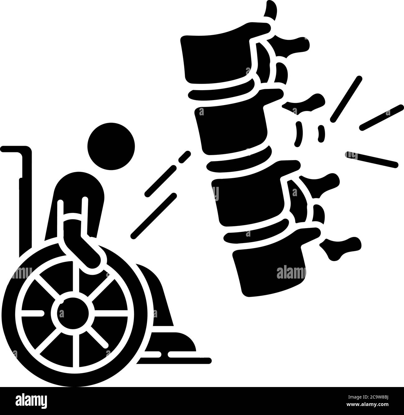 Spine injury black glyph icon. Fractured vertebrae. Handicapped patient ...