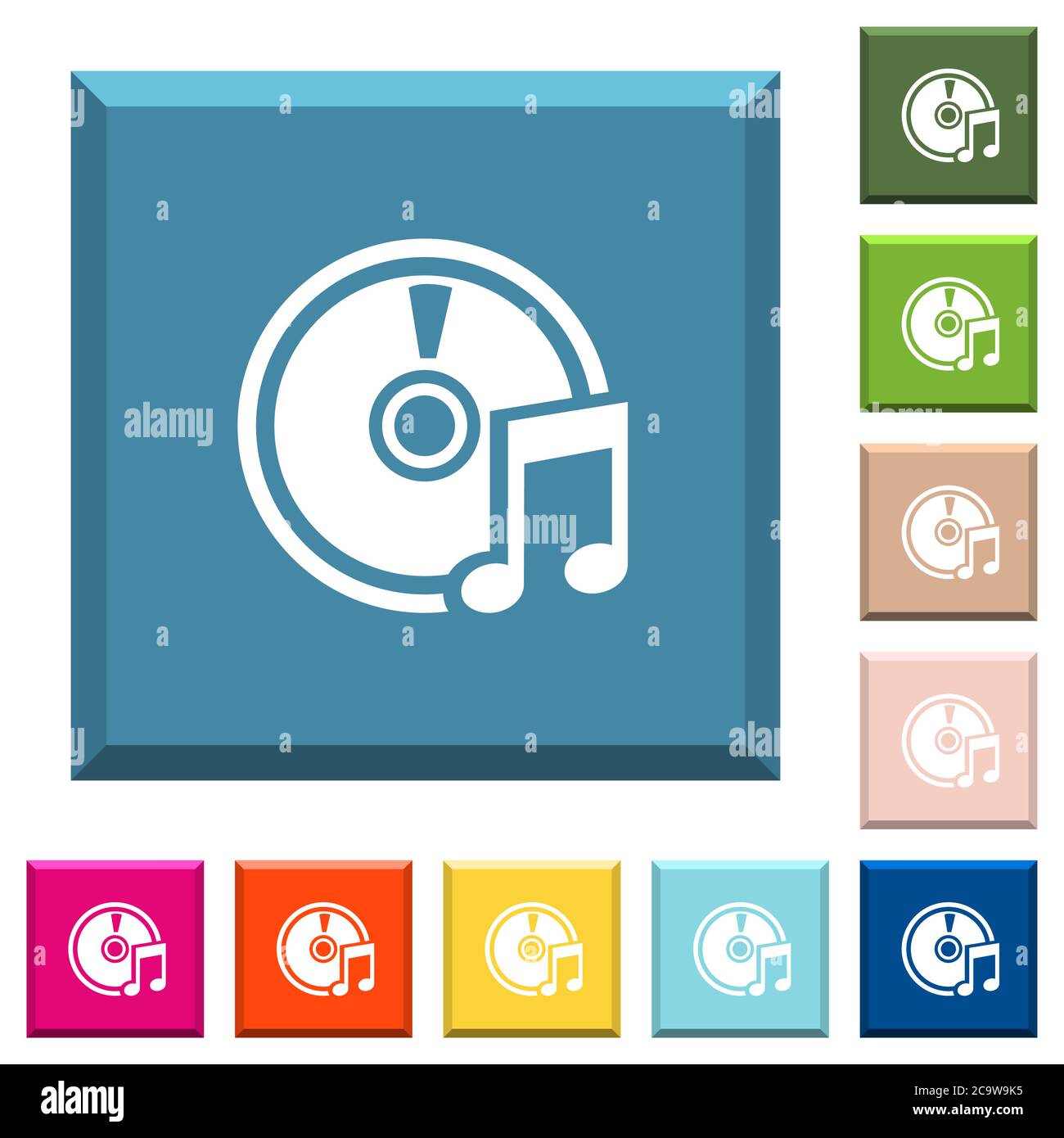 Audio CD white icons on edged square buttons in various trendy colors ...
