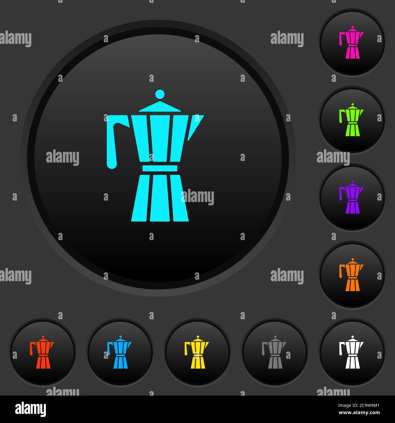 Coffee maker dark push buttons with vivid color icons on dark grey ...