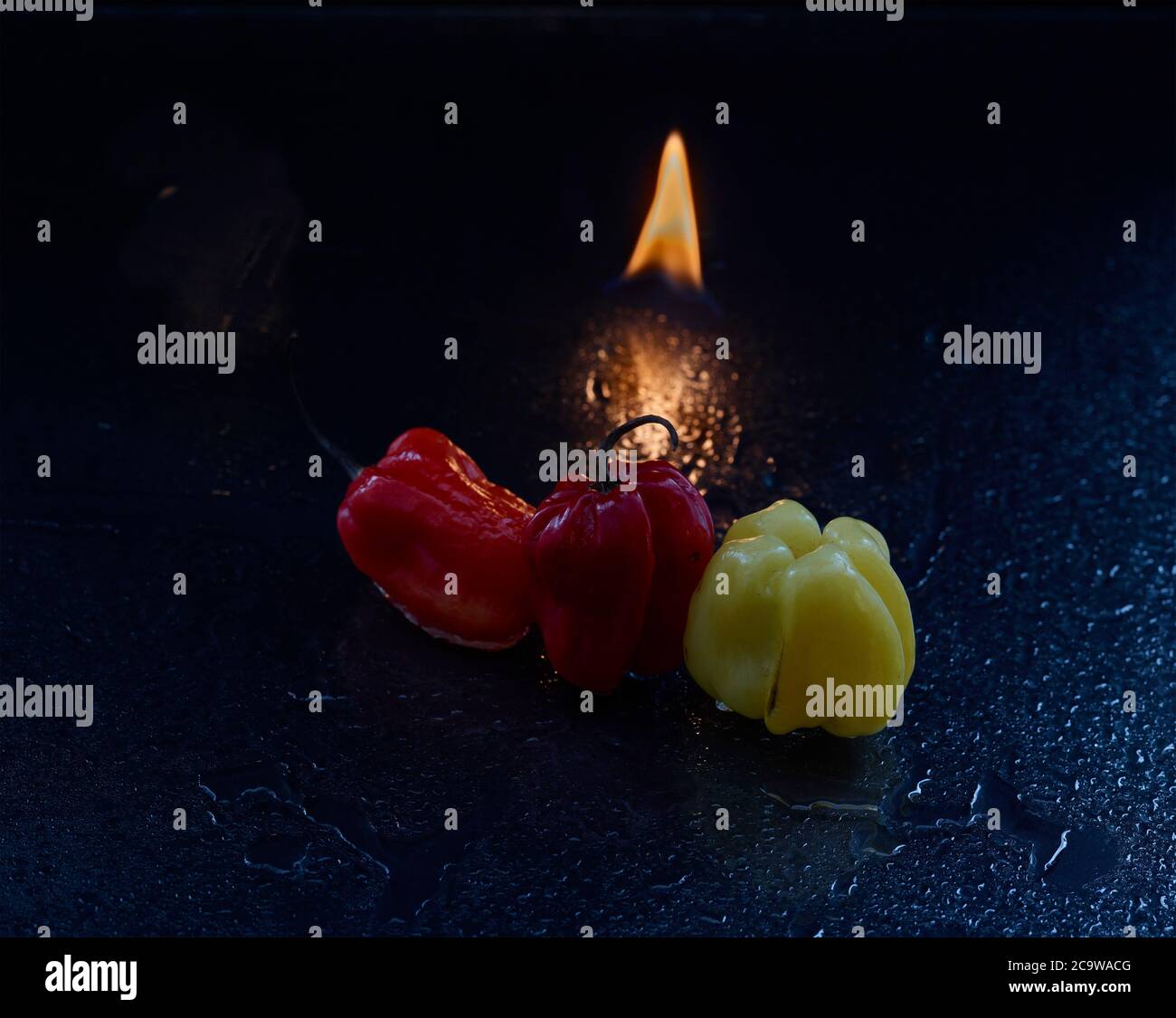 Scotch bonnet water droplets and flames food still life portrait Stock ...