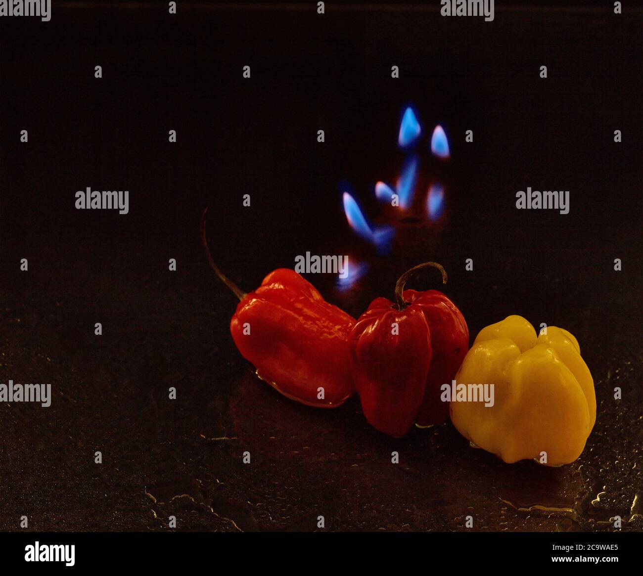 Scotch bonnet water droplets and flames food still life portrait Stock ...