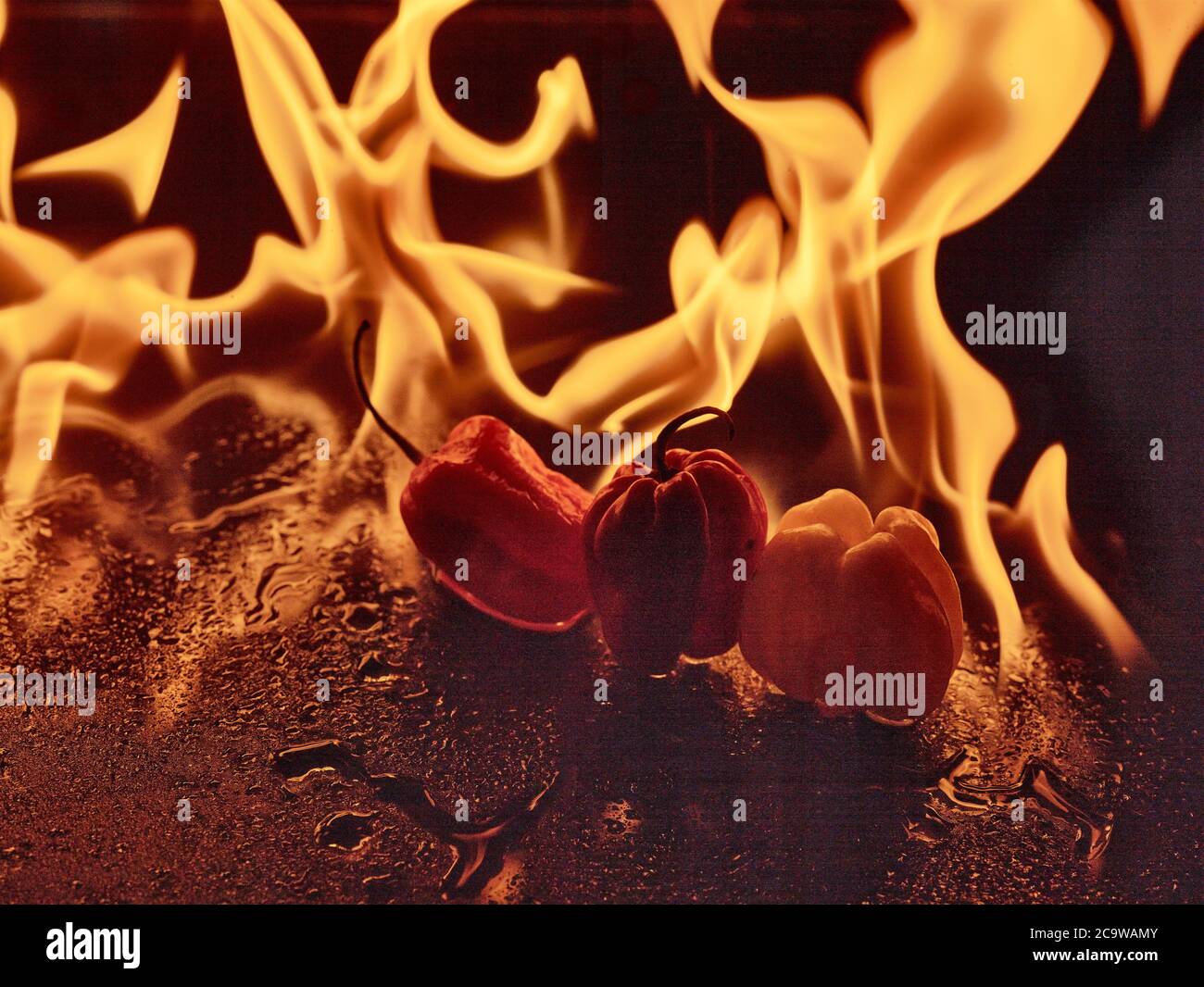 Scotch bonnet water droplets and flames food still life portrait Stock ...