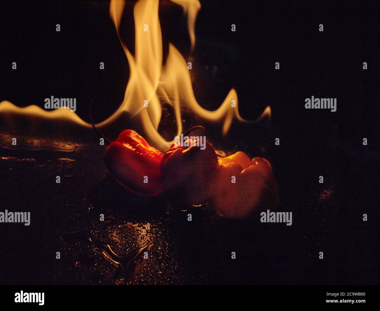 Scotch bonnet water droplets and flames food still life portrait Stock ...