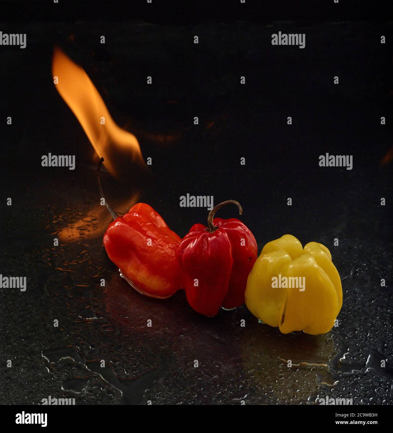 Scotch bonnet water droplets and flames food still life portrait Stock ...