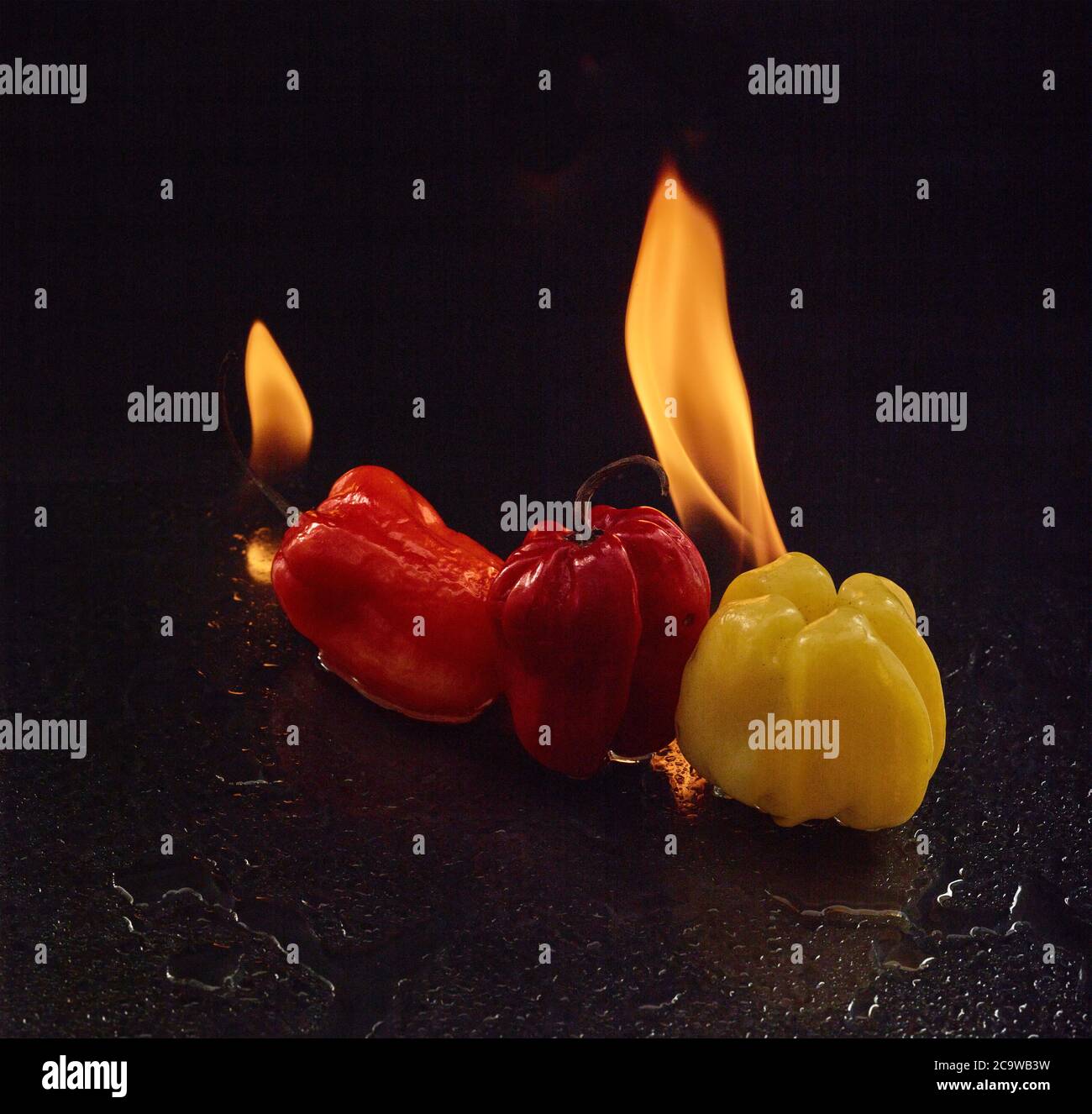 Scotch bonnet water droplets and flames food still life portrait Stock ...