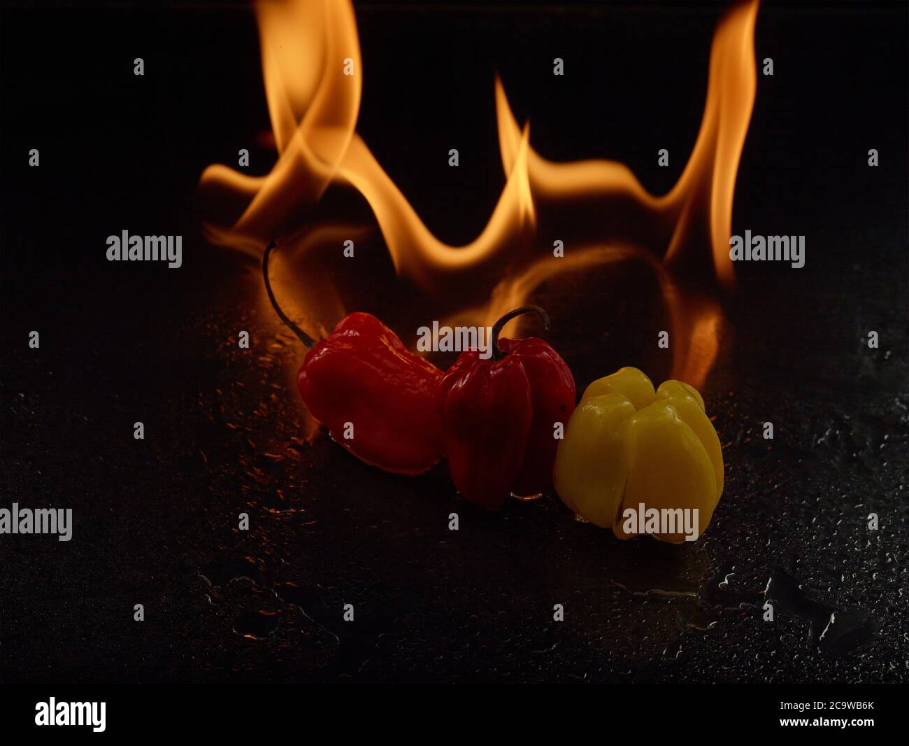 Scotch bonnet water droplets and flames food still life portrait Stock ...