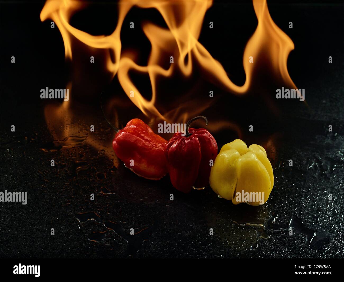 Scotch bonnet water droplets and flames food still life portrait Stock ...