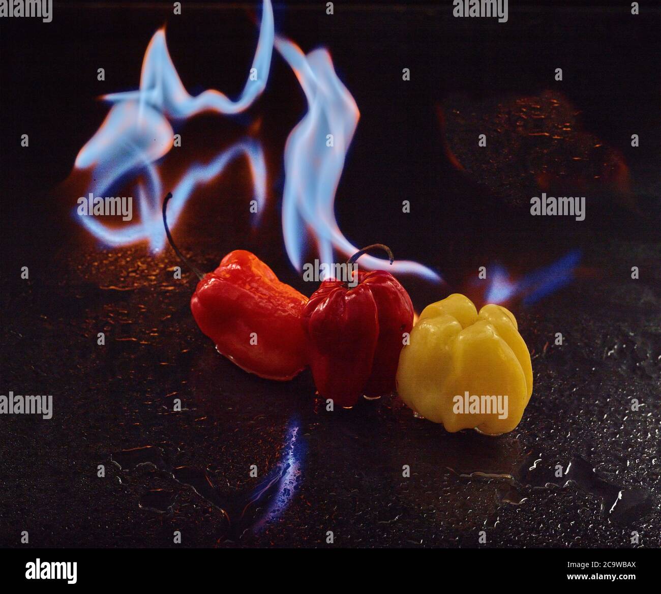 Scotch bonnet water droplets and flames food still life portrait Stock ...