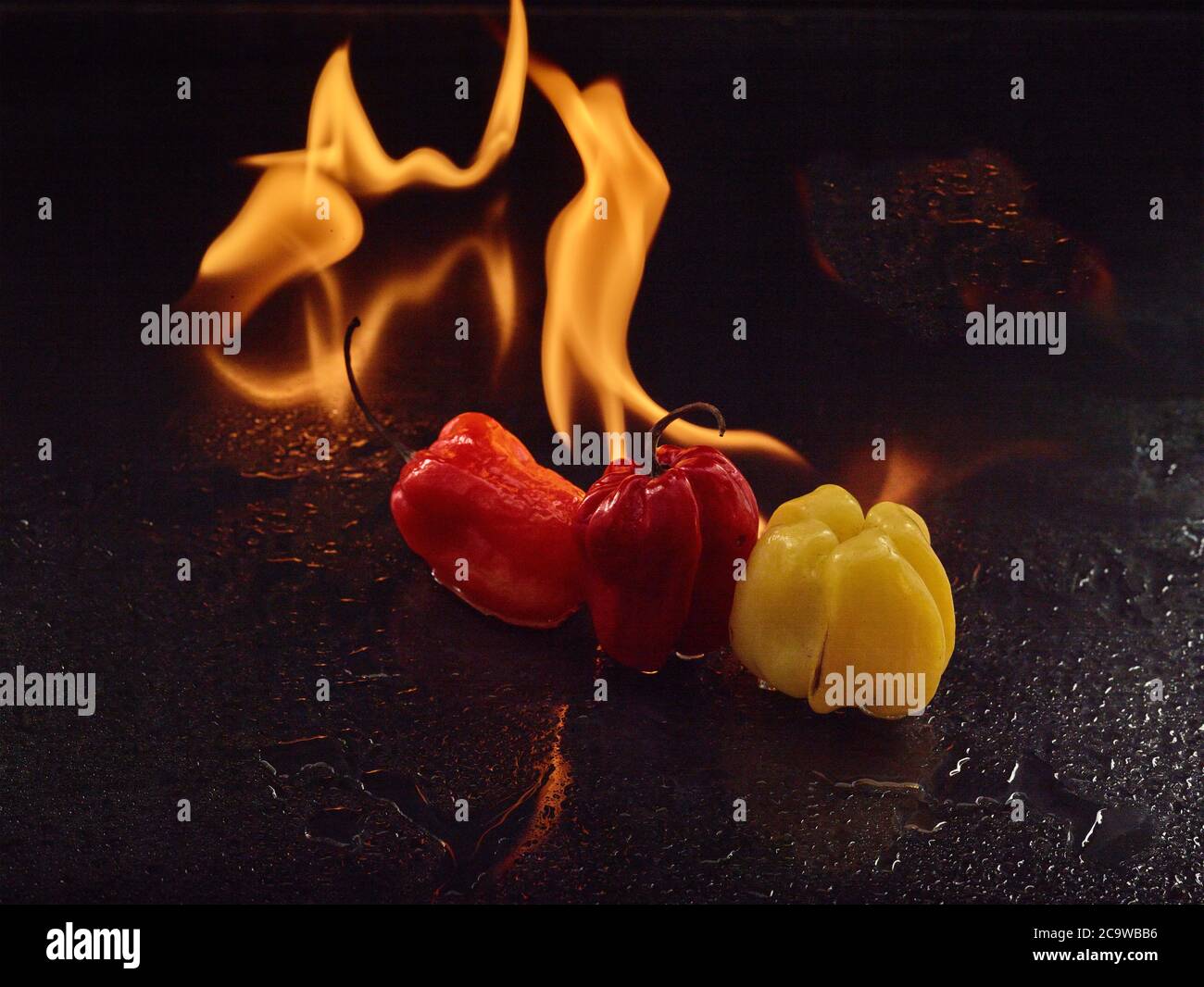 Scotch bonnet water droplets and flames food still life portrait Stock ...