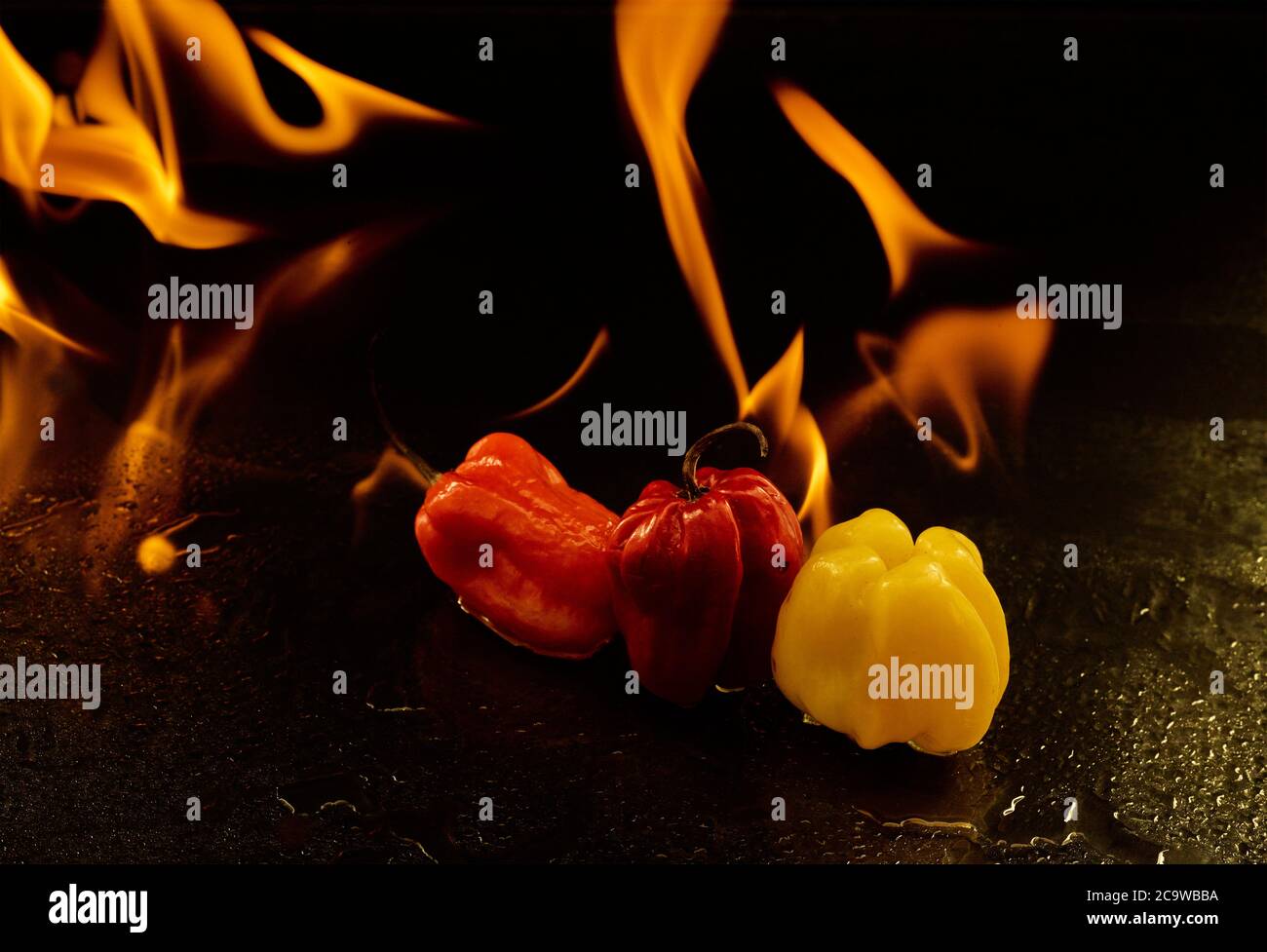 Scotch bonnet water droplets and flames food still life portrait Stock ...