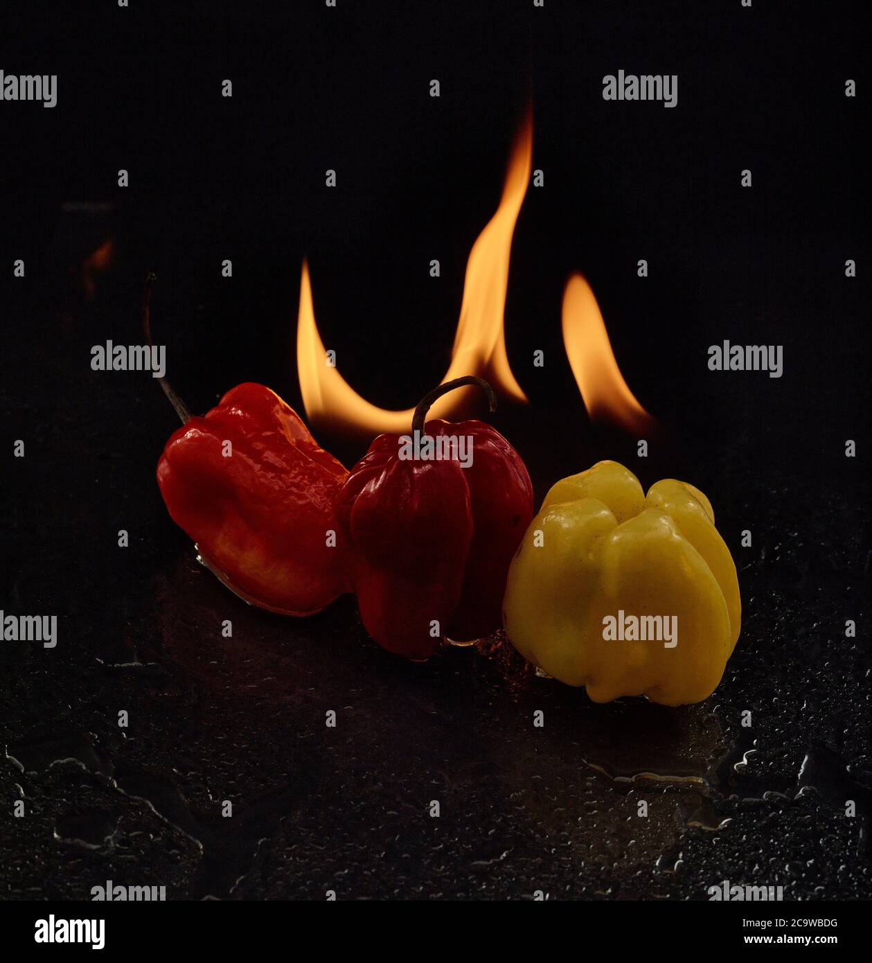 Scotch bonnet water droplets and flames food still life portrait Stock ...