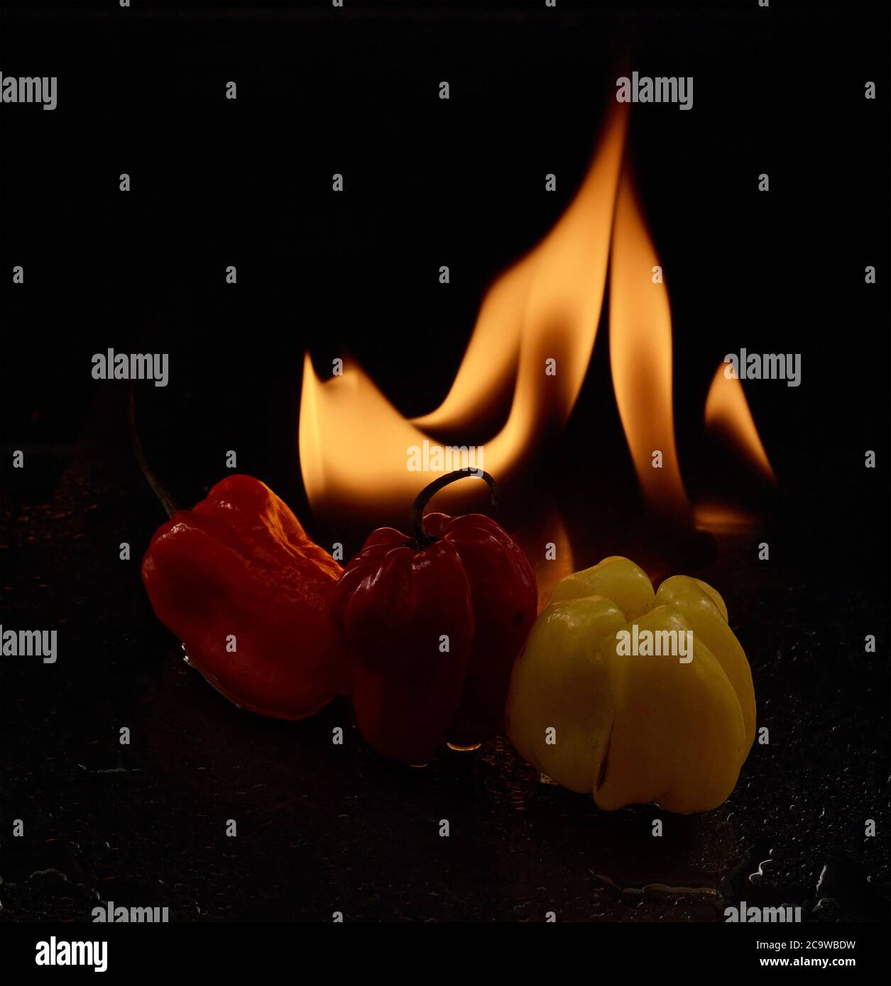 Scotch bonnet water droplets and flames food still life portrait Stock ...