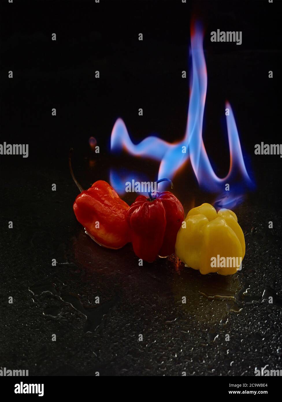 Scotch bonnet water droplets and flames food still life portrait Stock ...