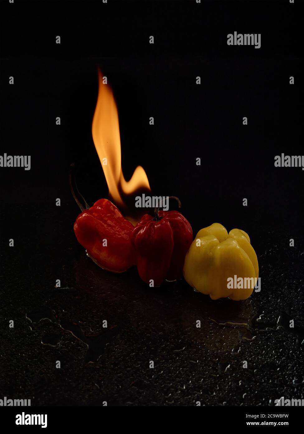 Scotch bonnet water droplets and flames food still life portrait Stock ...