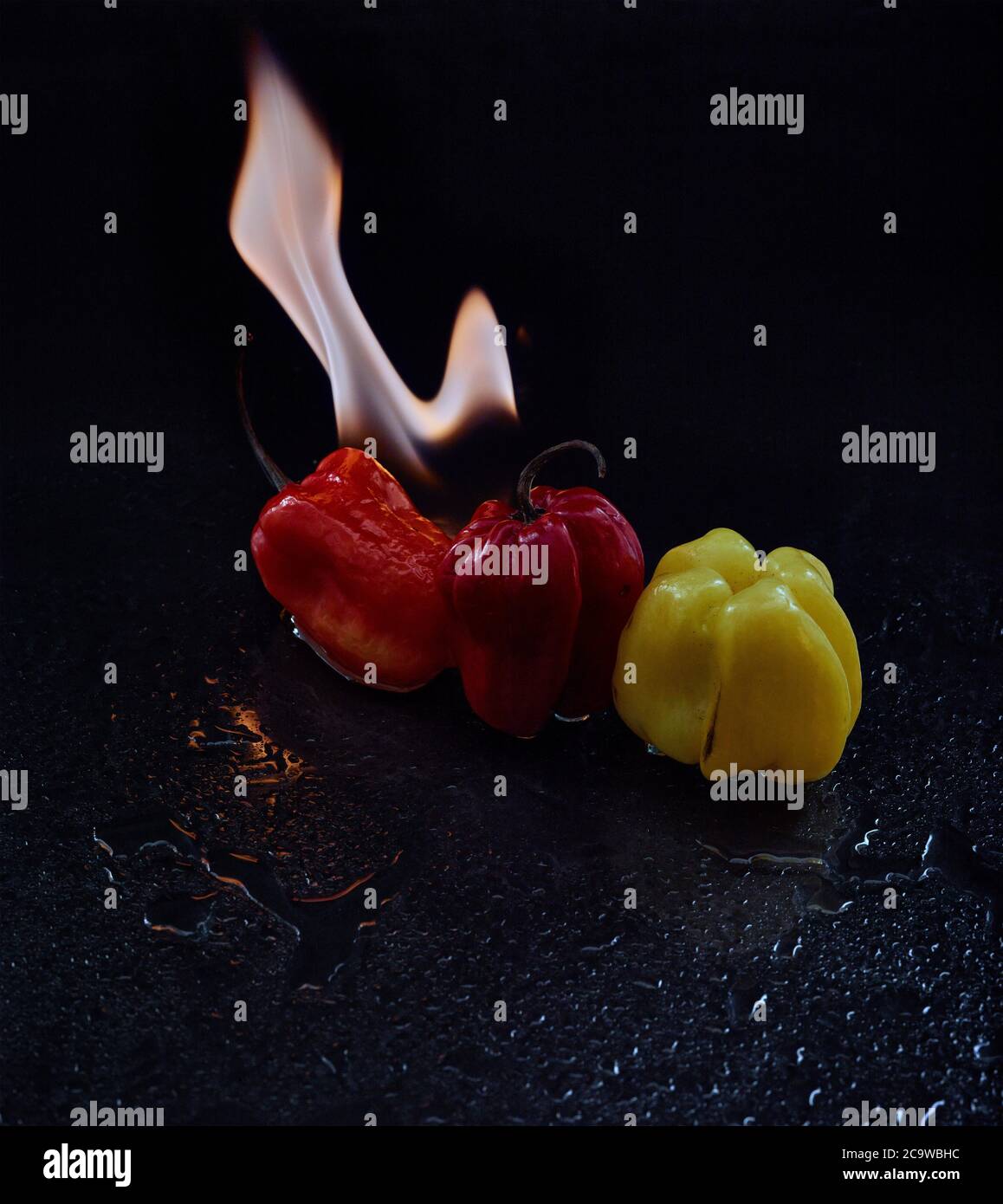 Scotch bonnet water droplets and flames food still life portrait Stock ...