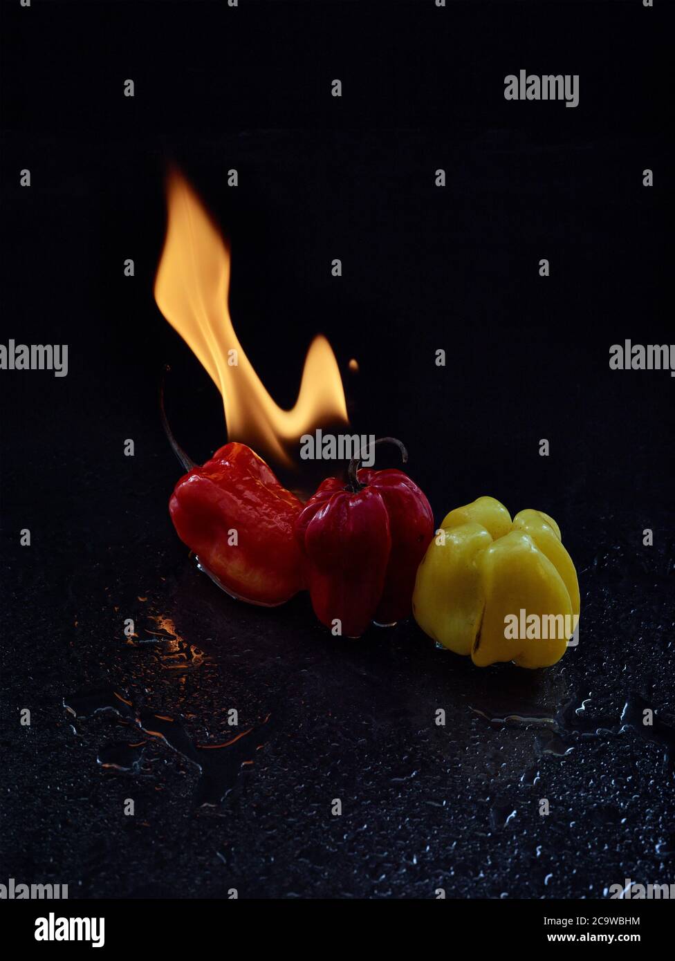 Scotch bonnet water droplets and flames food still life portrait Stock ...