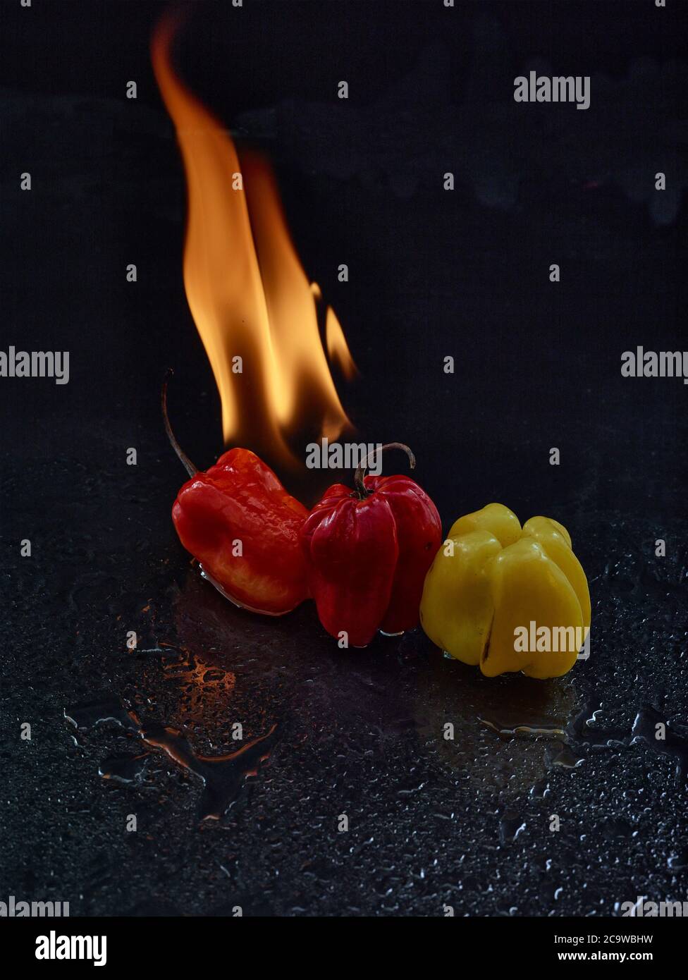 Scotch bonnet water droplets and flames food still life portrait Stock ...