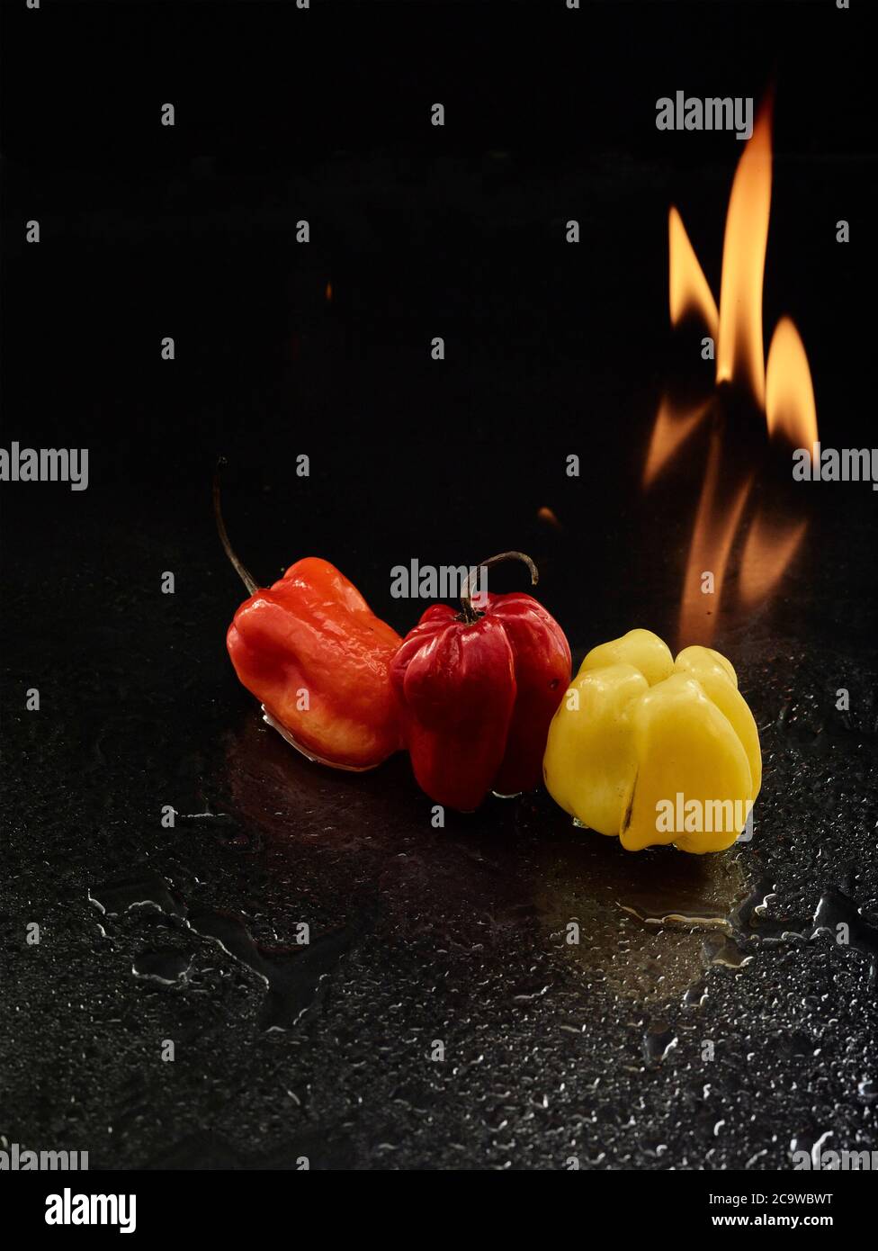 Scotch bonnet water droplets and flames food still life portrait Stock ...