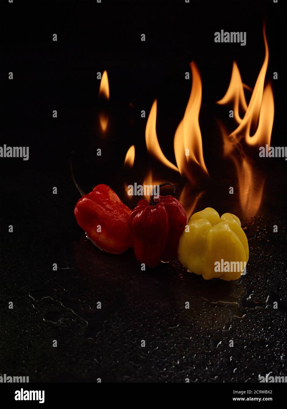 Scotch bonnet water droplets and flames food still life portrait Stock ...