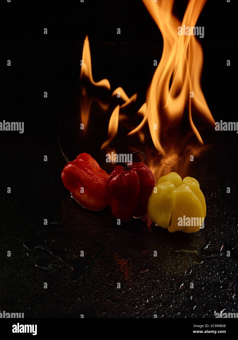 Scotch bonnet water droplets and flames food still life portrait Stock ...