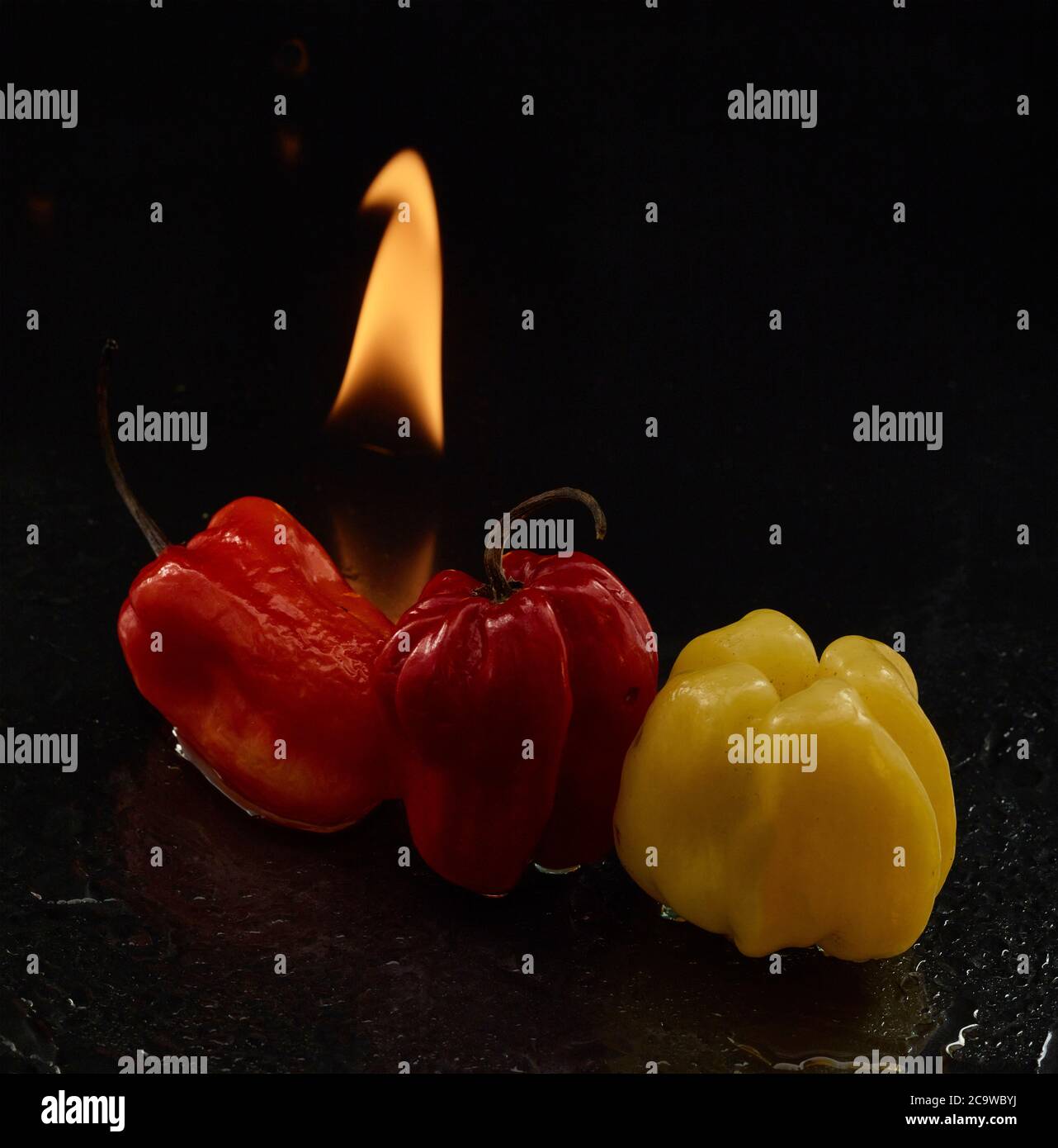 Scotch bonnet water droplets and flames food still life portrait Stock ...